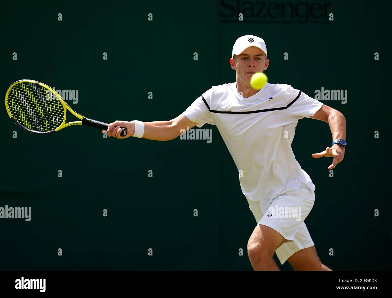 Louis Bowden in action during his Boys Singles first round match ...