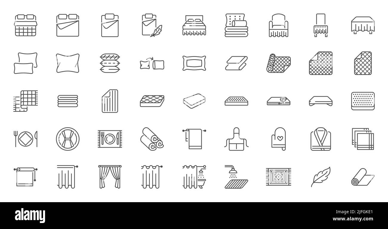 Bedroom linen flat line icons set. Double bed, cushion, blanket, sheets ...