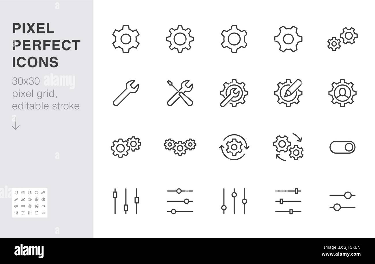 Gear, cogwheel line icons set. App settings button, slider, wrench tool, fix concept minimal ...