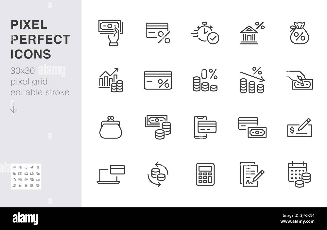 Money loan line icon set. Credit score, low interest, discount card ...