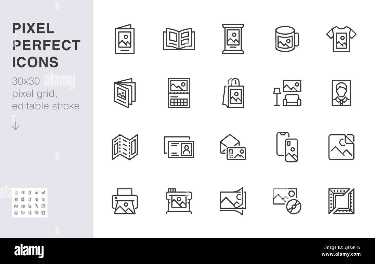 Photo printing line icon set. Brand identity printed on products like ...