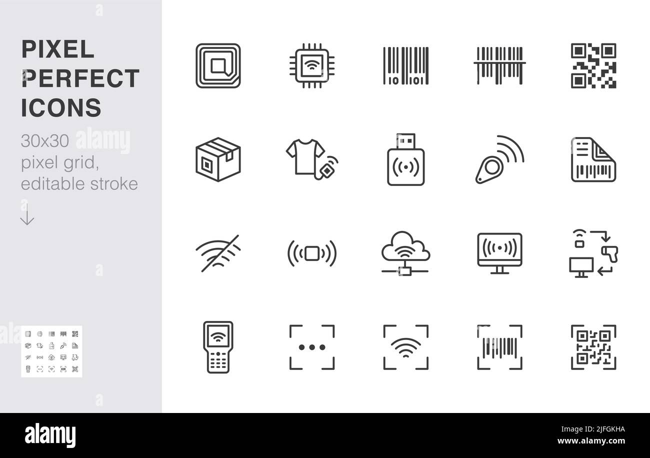 RFID, qr code, barcode line icon set. Price tag scanner label reader ...