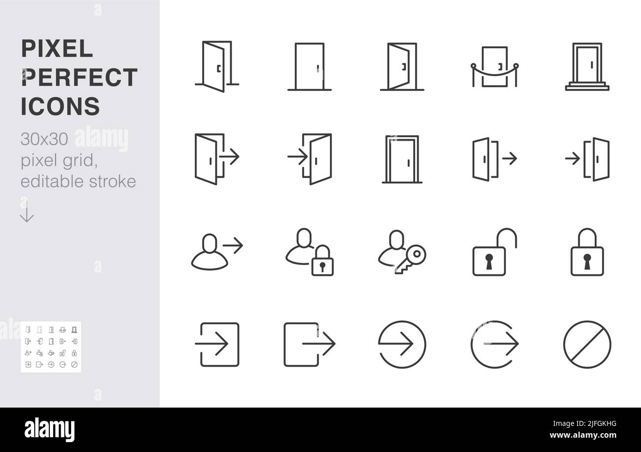Open door line icon set. Login, logout, register, password, vip entrance, key, lock, exit ...