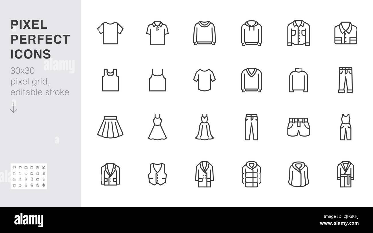 Clothing line icon set. Dress, polo t-shirt, jeans, winter coat, jacket ...