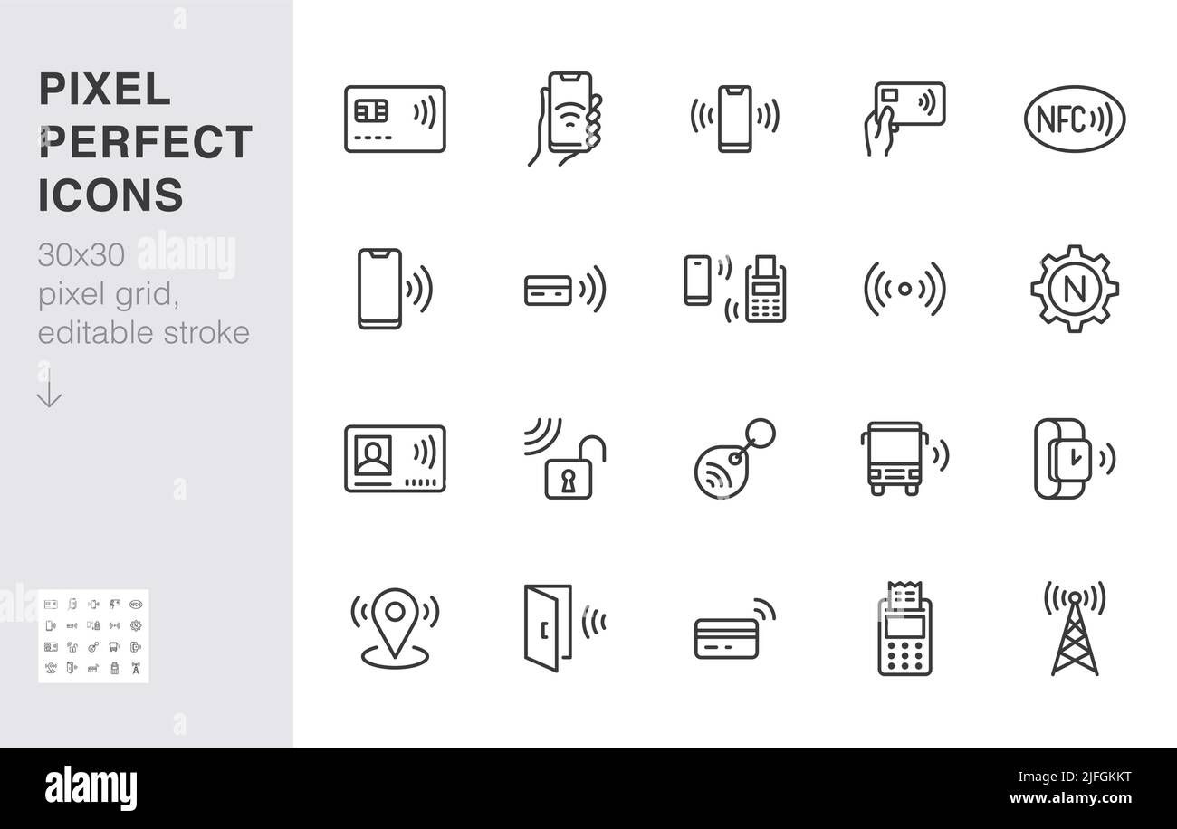 NFC line icon set. Near Field Communication technology, contactless payment, card with chip ...