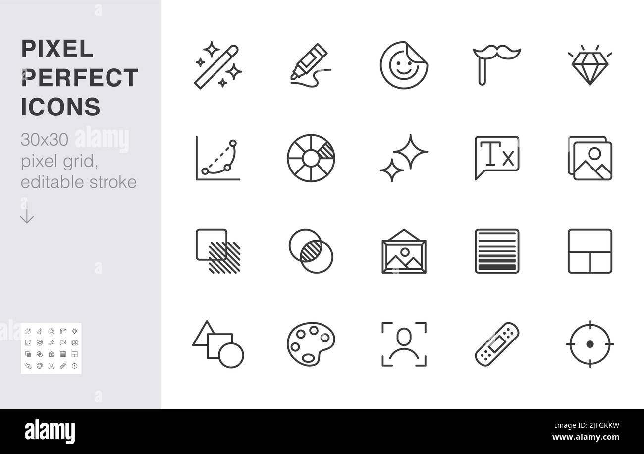 Photo edit line icon set. Image filter, add sticker, adjust curves ...