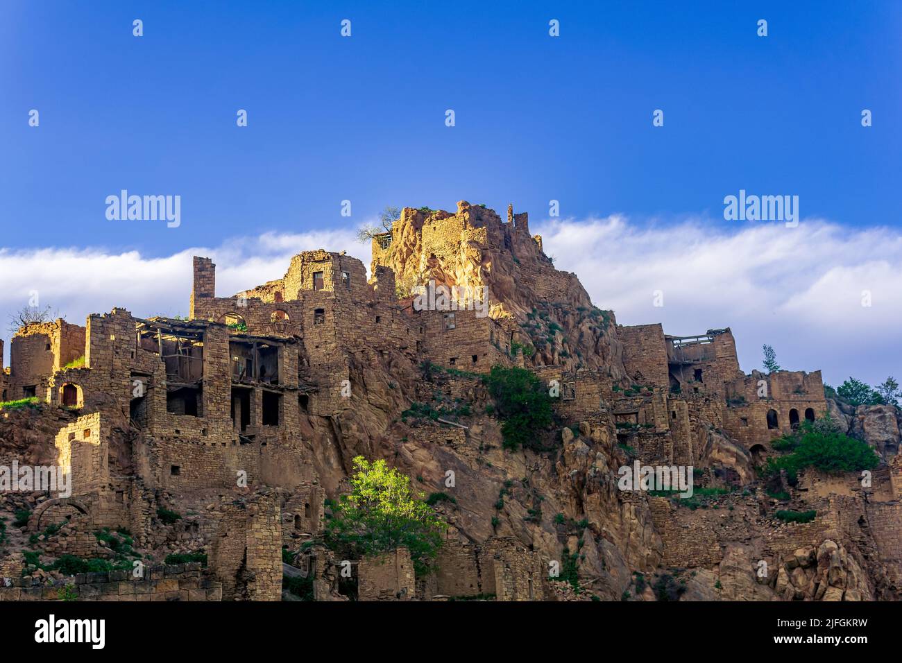 evening view of the abandoned village (aul) Gamsutl on top of a ...