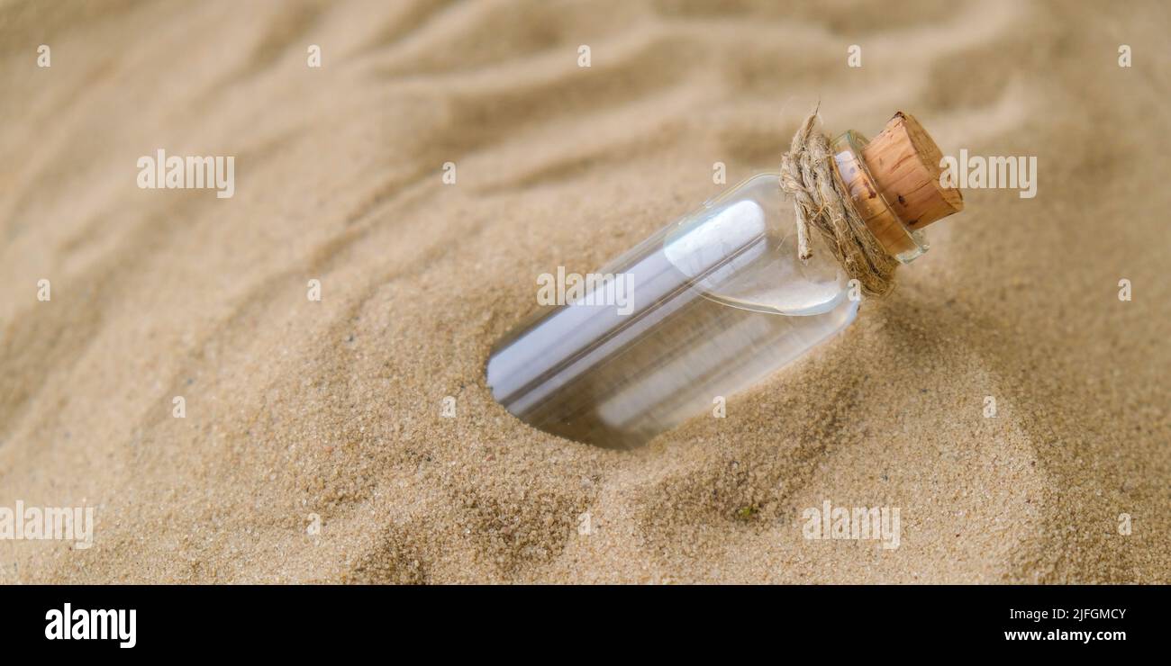 Letter in a bottle on the beach. Island lifestyle. Paper Message in a ...