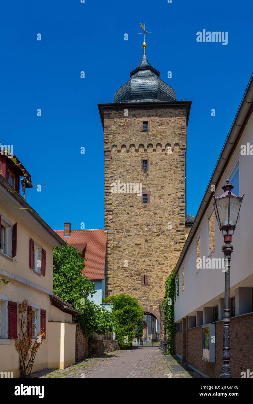 View of Durlach‘s Basler Tor tower with beautiful old houses. Karlsruhe ...
