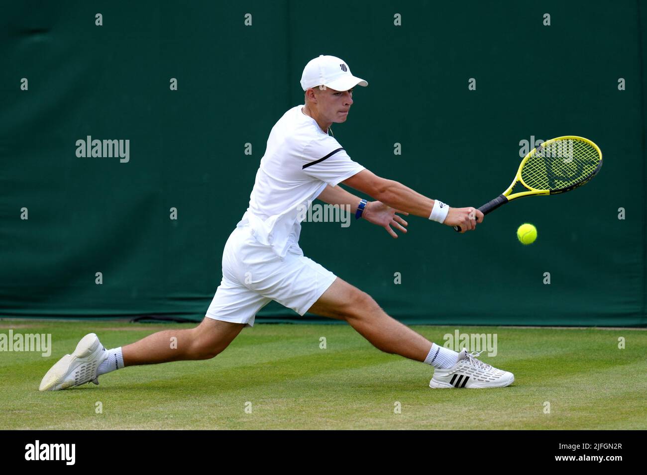Louis Bowden in action during his Boys Singles first round match ...