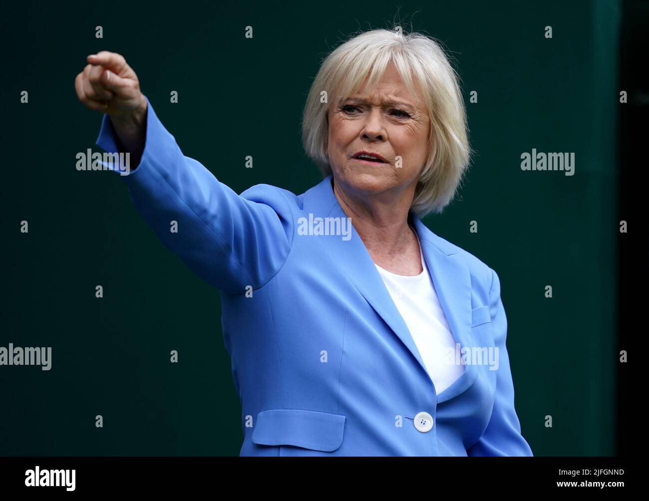 Sue Barker during day seven of the 2022 Wimbledon Championships at the All England Lawn Tennis ...