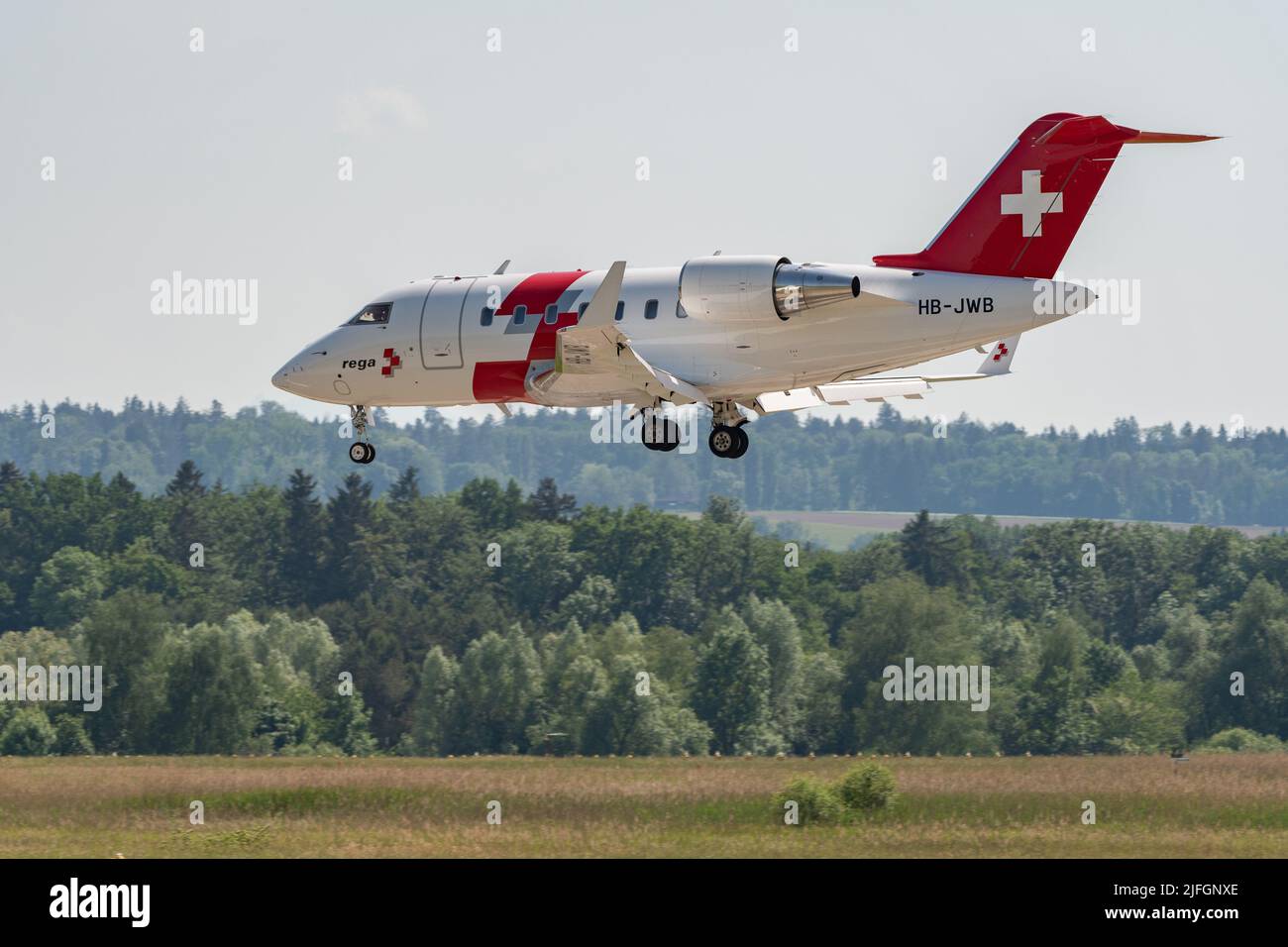 Zurich, Switzerland, May 20, 2022 Rega ambulance Bombardier CL-600-2B16 ...