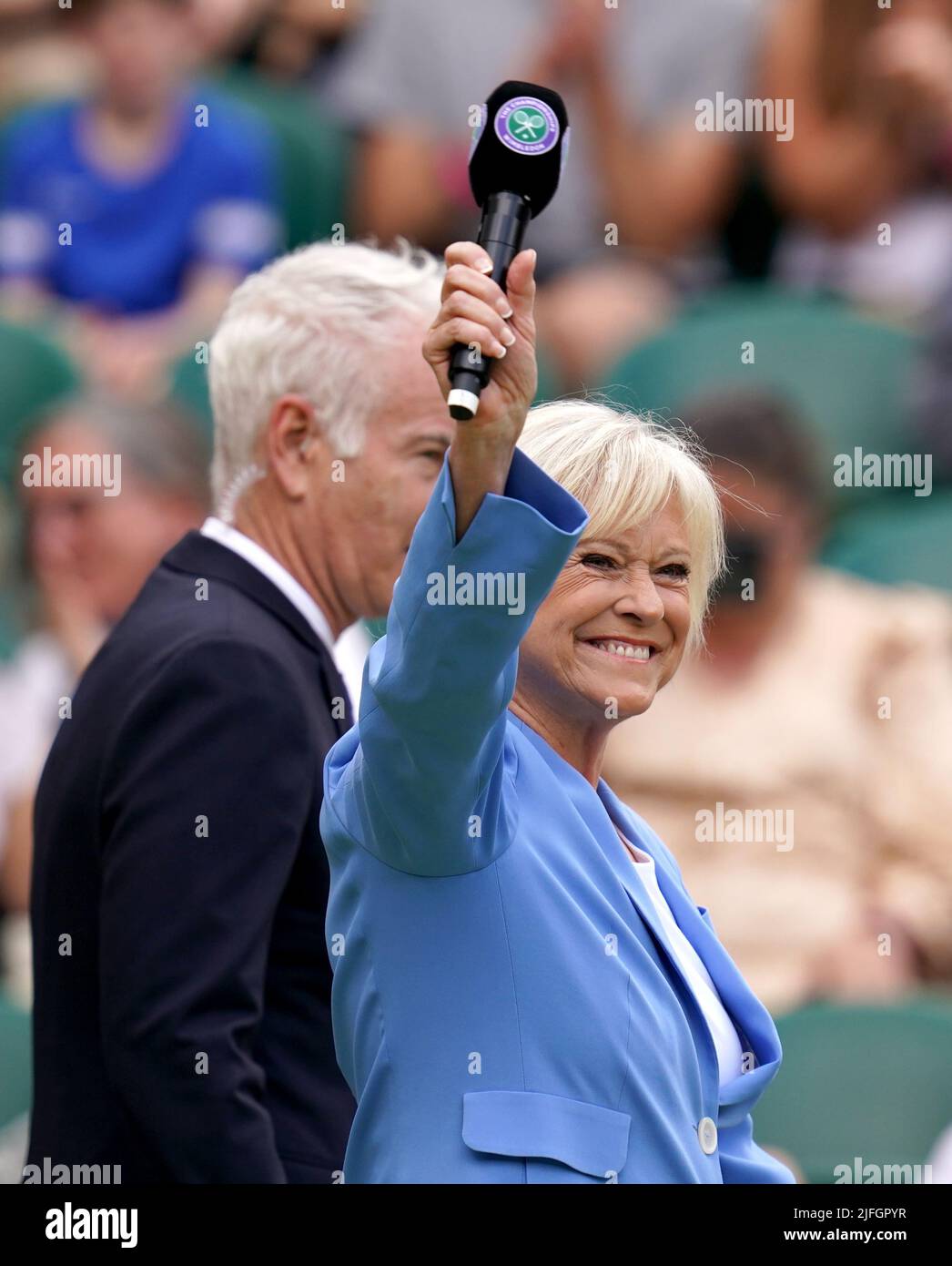 Sue Barker on centre court during day seven of the 2022 Wimbledon Championships at the All ...