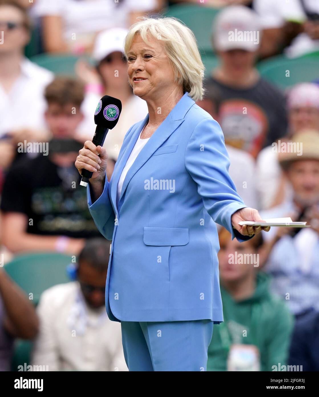 Sue Barker on centre court during day seven of the 2022 Wimbledon Championships at the All ...