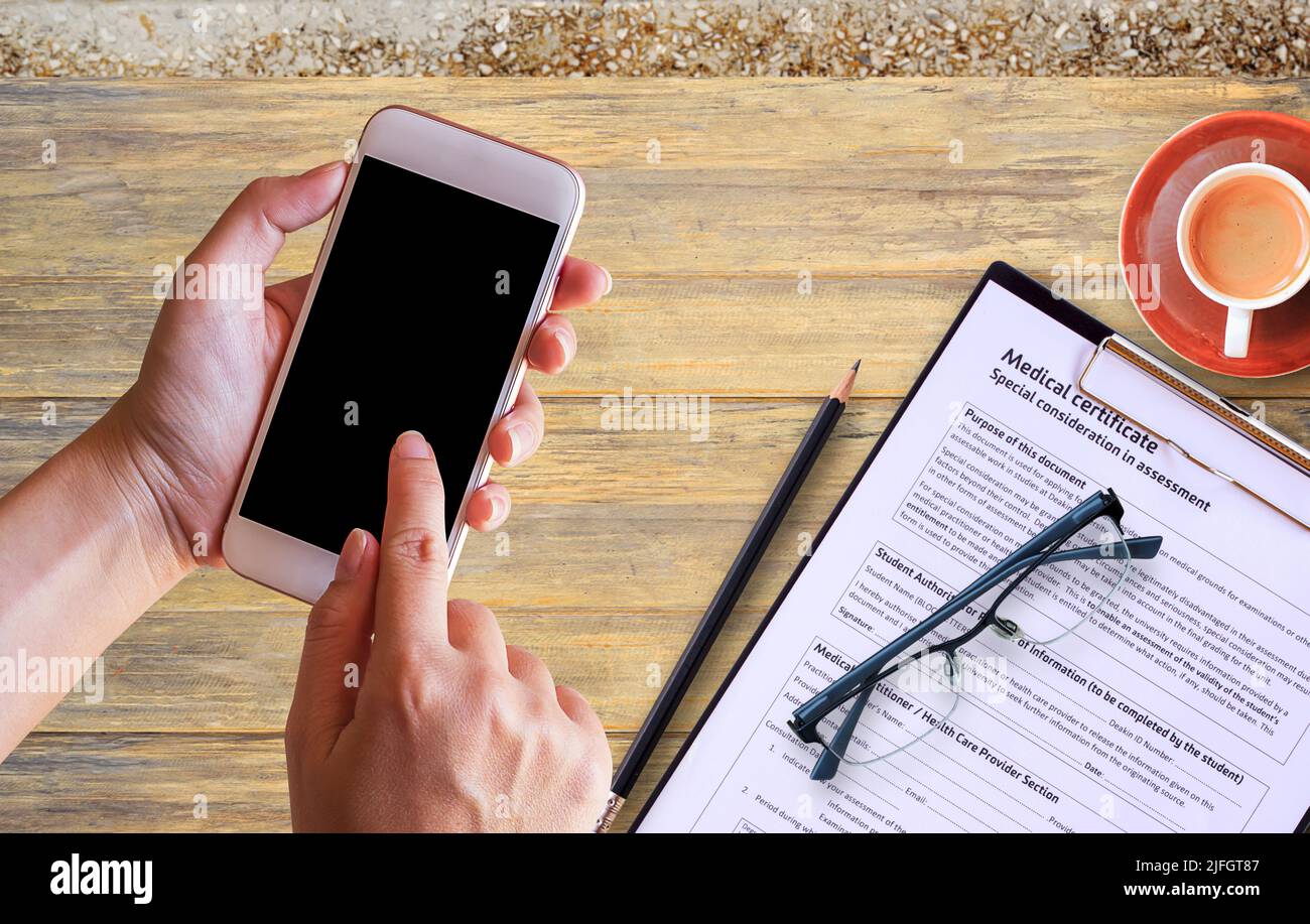 Female hand holding smart phone with blank copy space for your ...