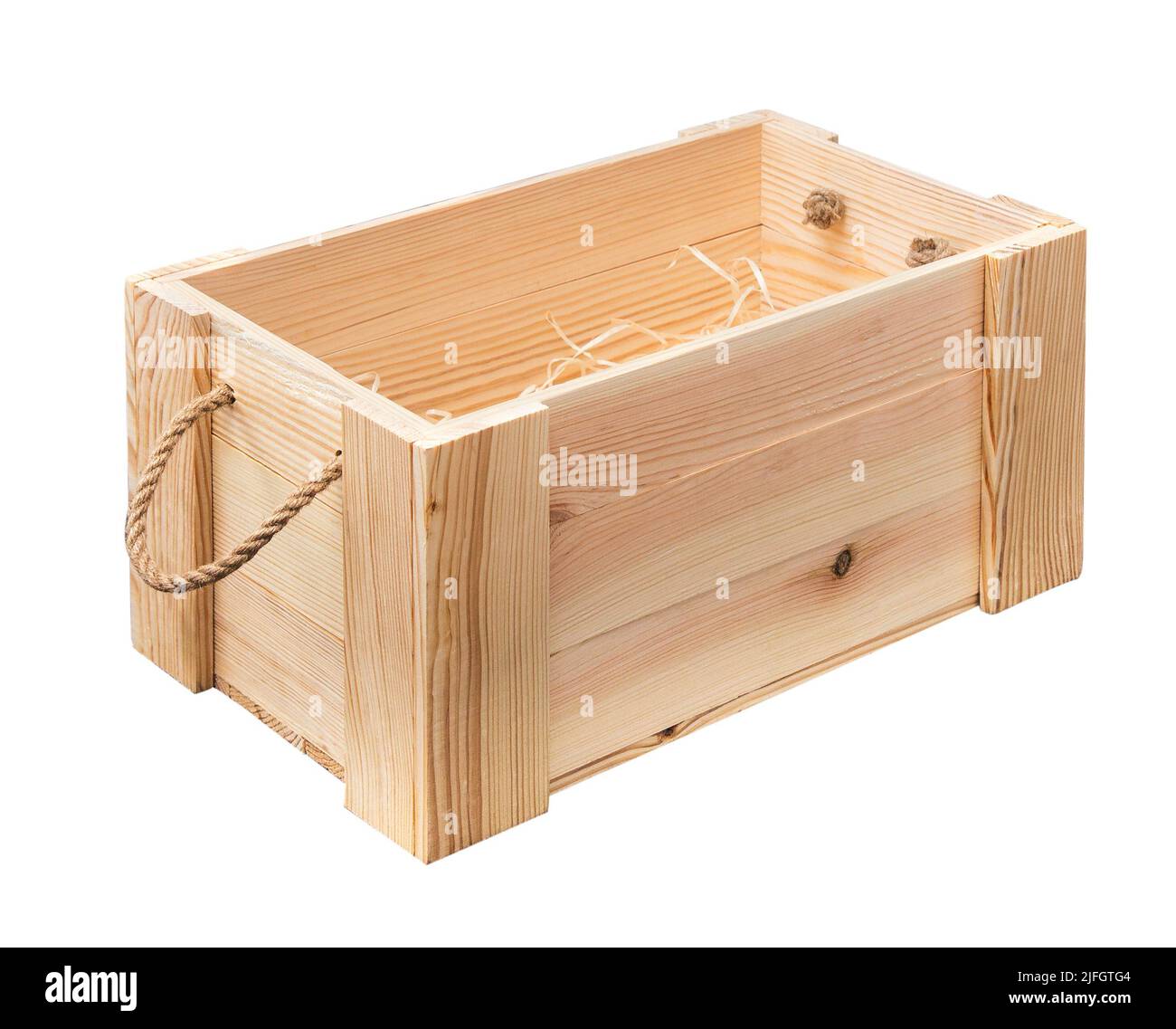 wooden box with rope handles isolated on white background. Empty wooden ...