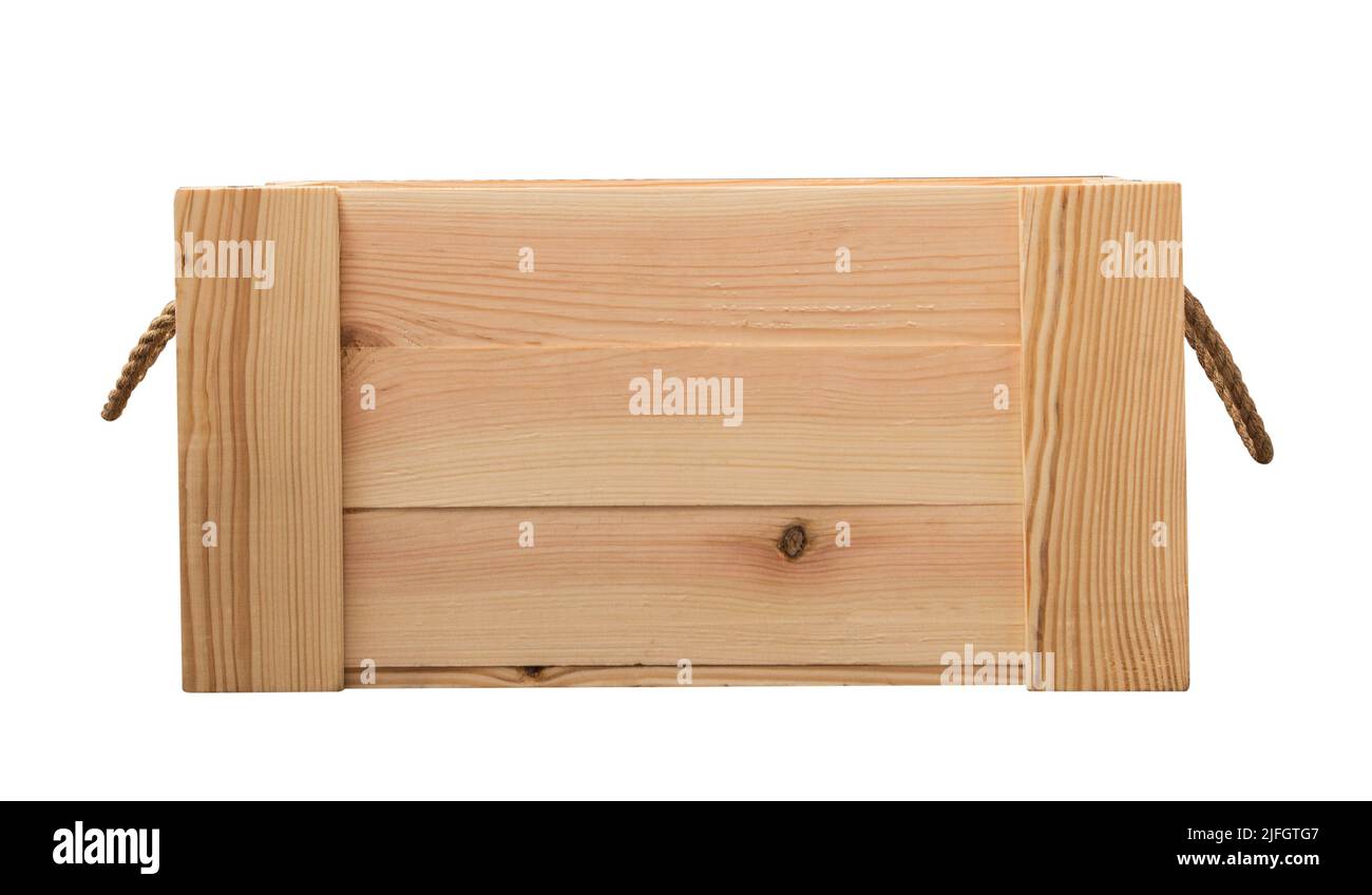 wooden box with rope handles isolated on white background. Empty wooden ...