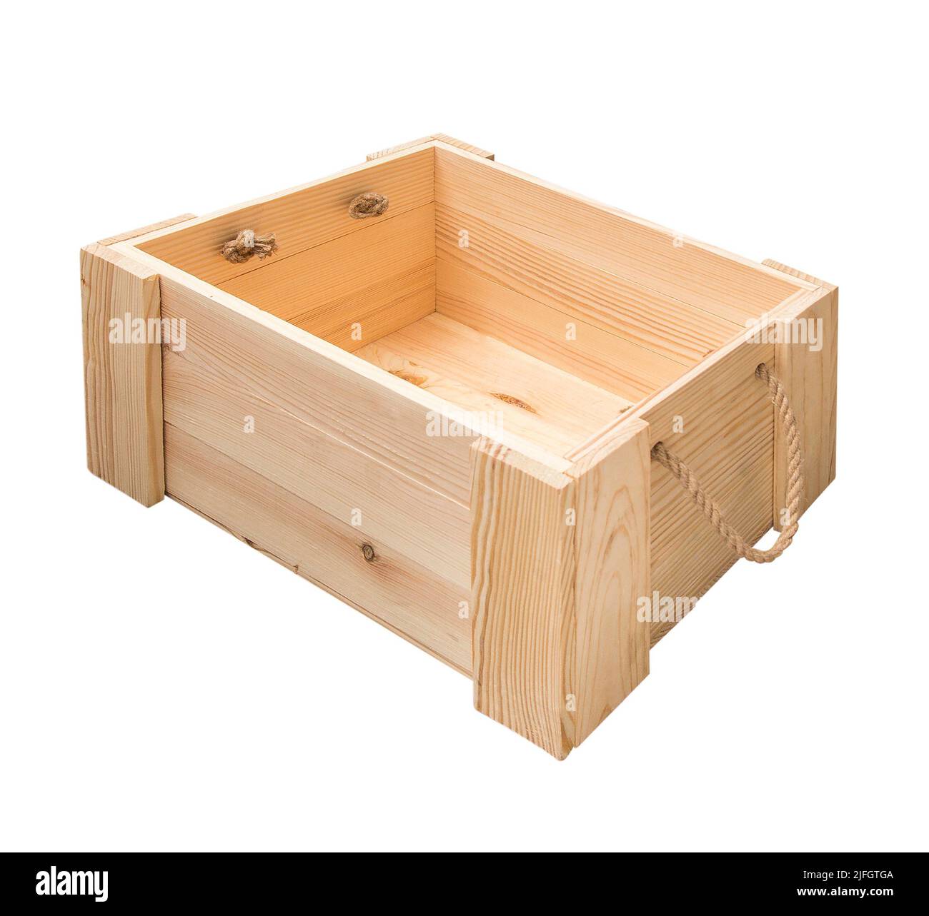 wooden box with rope handles isolated on white background. Empty wooden ...