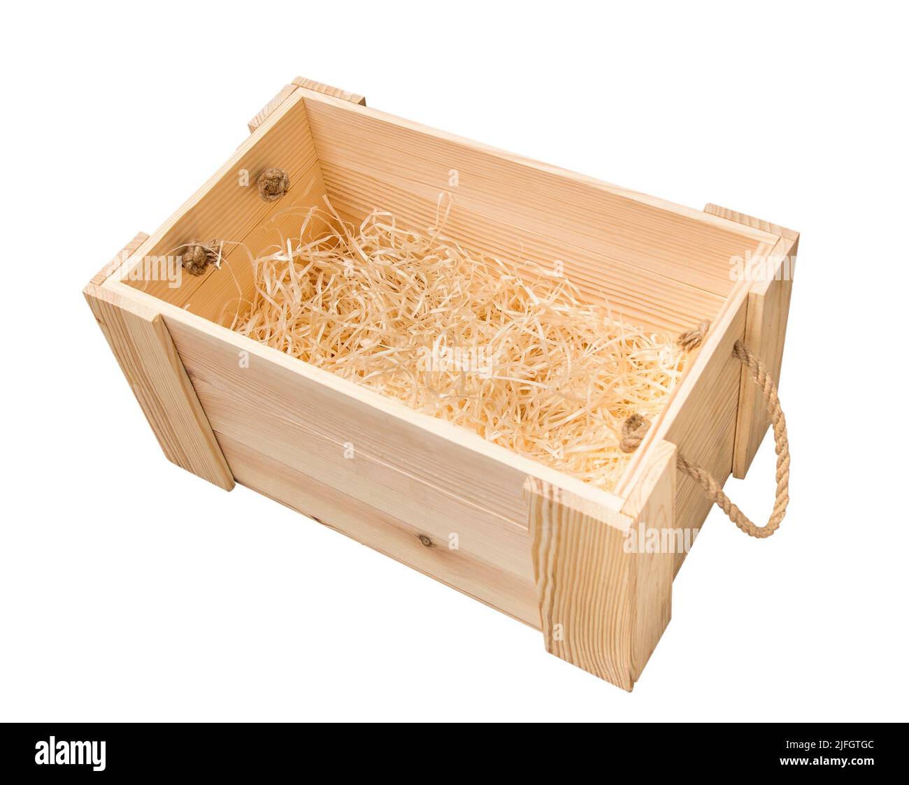 wooden box with rope handles isolated on white background. Empty wooden ...