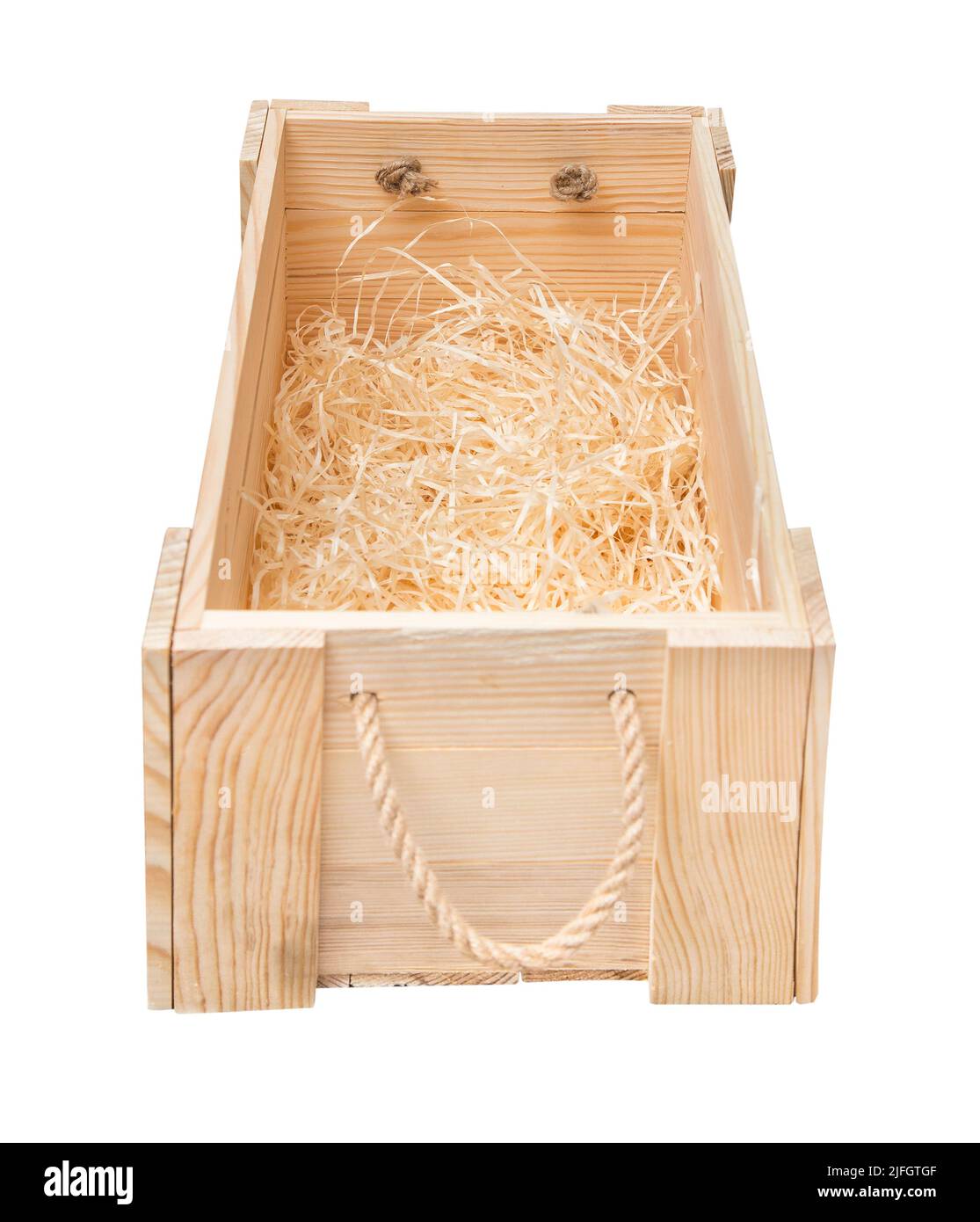 wooden box with rope handles isolated on white background. Empty wooden ...