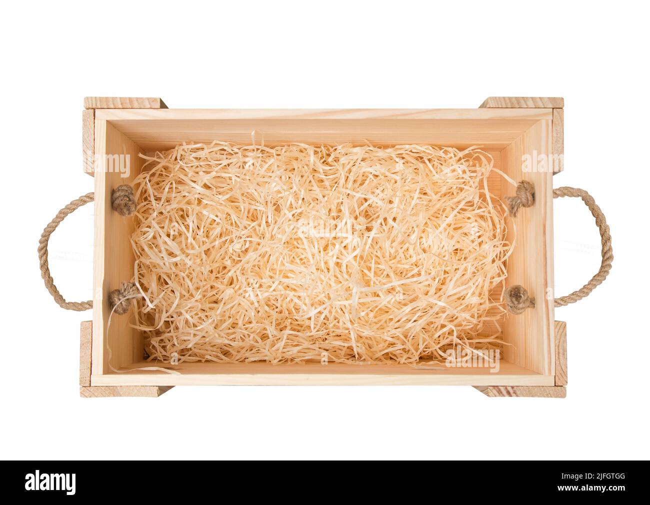 wooden box with rope handles isolated on white background. Empty wooden ...