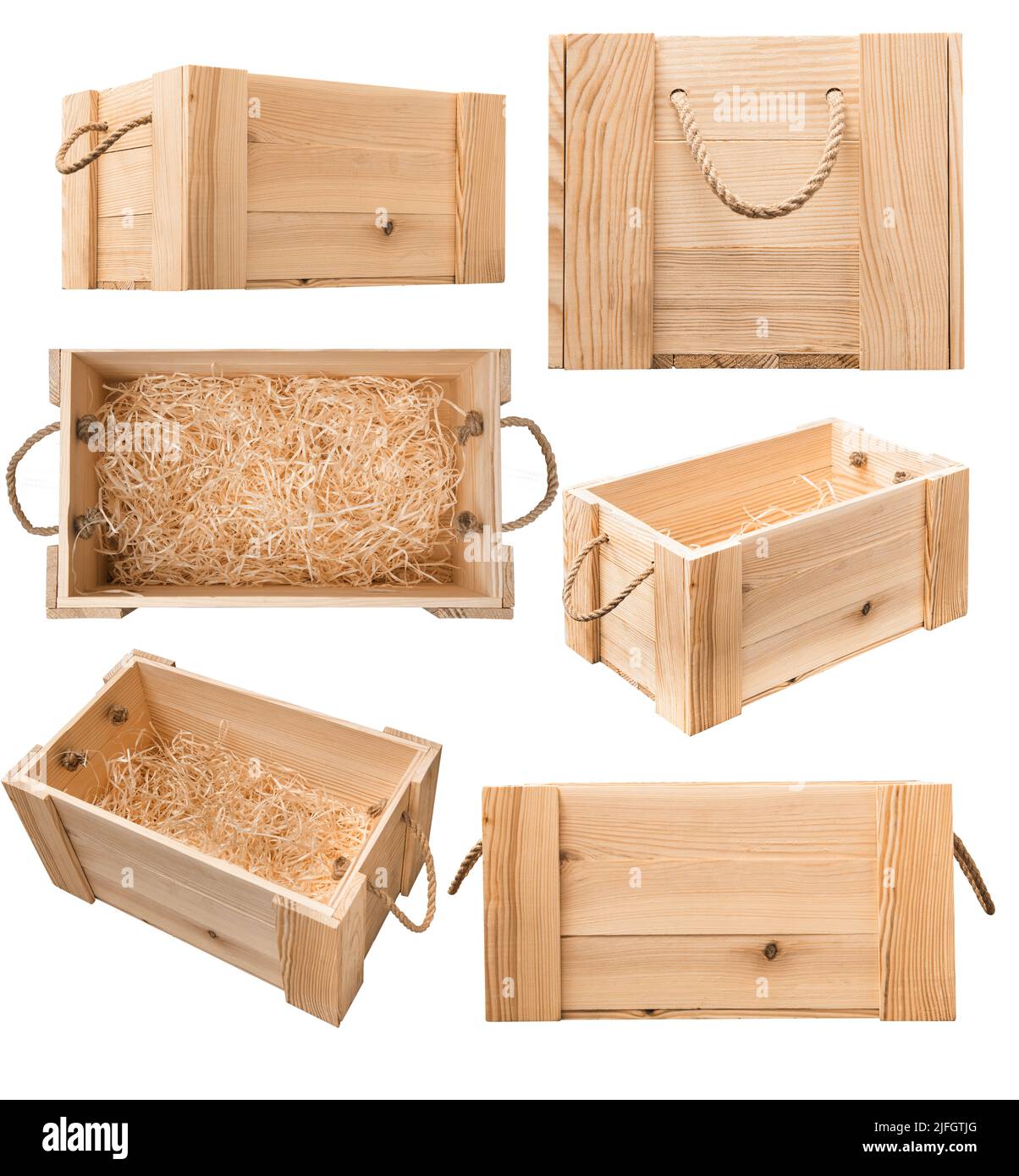 wooden box with rope handles isolated on white background. Empty wooden ...