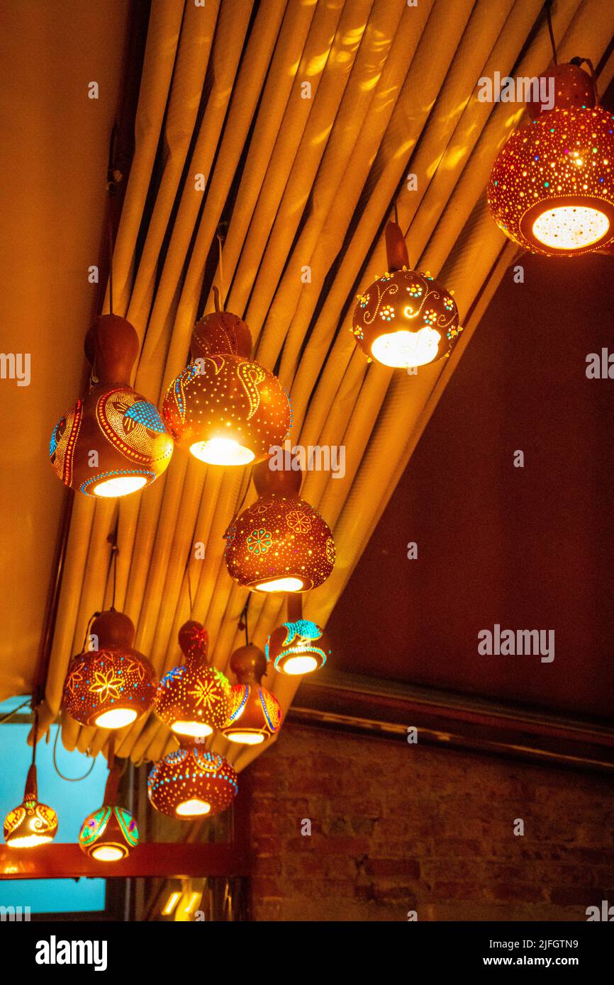 Traditional bright decorative Turkish lamps and colourful lights with ...