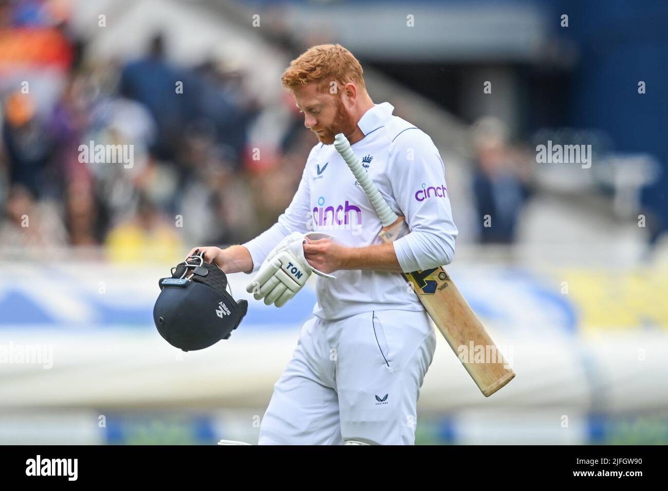 Jonny Bairstow of England leaves the field after being caught by Virat ...