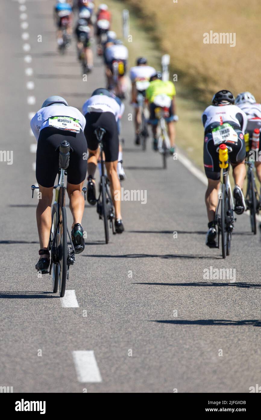 03 July 2022, Bavaria, Röckenhofen: Danish triathlete Magnus Ditlev (l ...