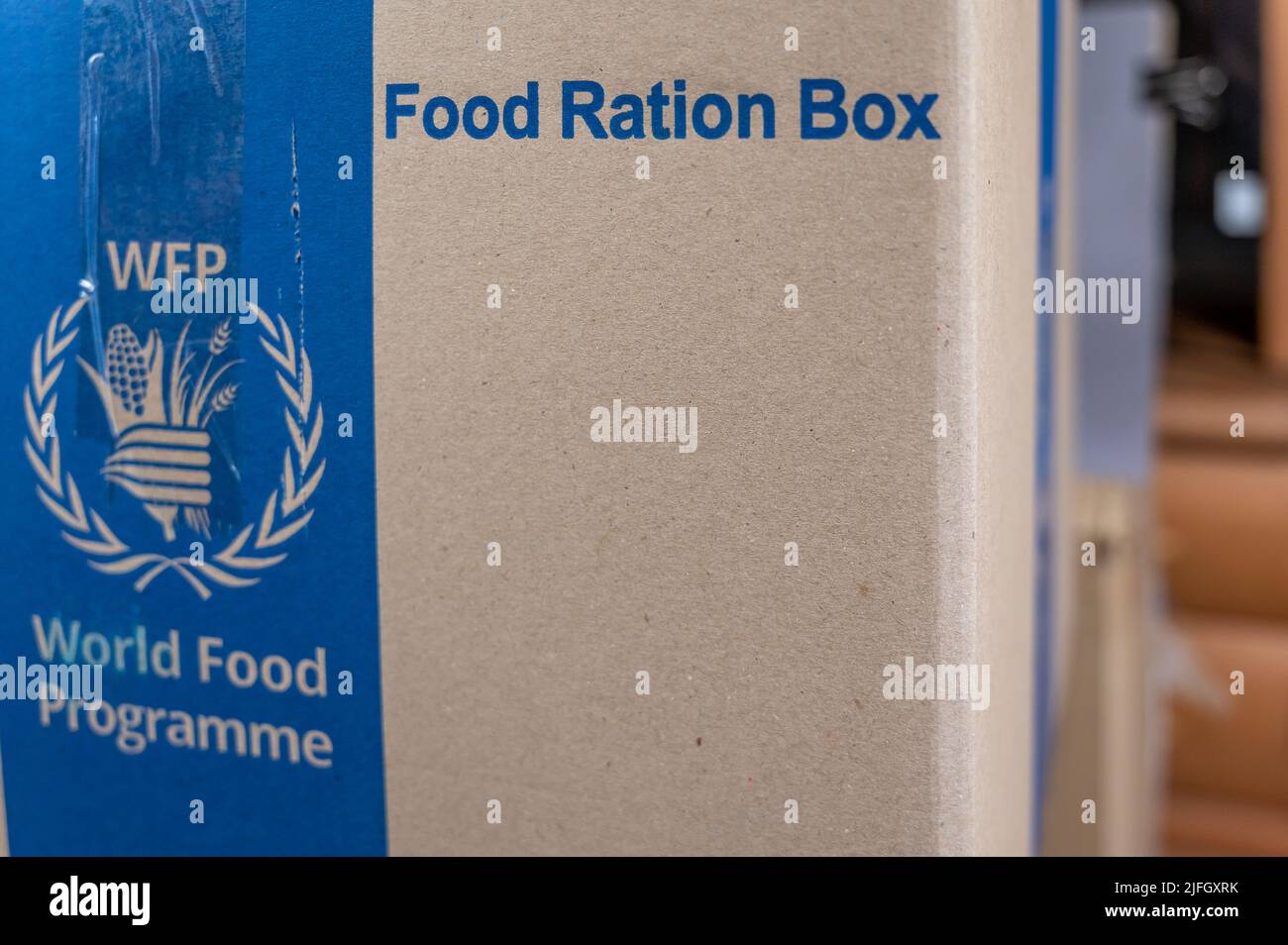Food Ration Box. Cardboard box with humanitarian aid from World Food ...