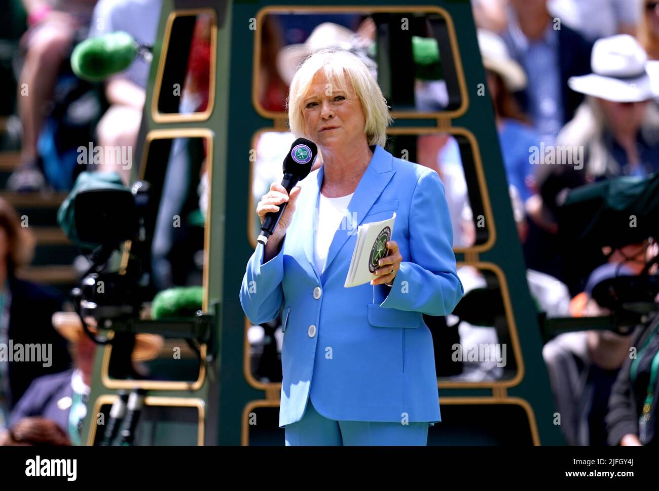 Sue Barker on centre court during day seven of the 2022 Wimbledon Championships at the All ...