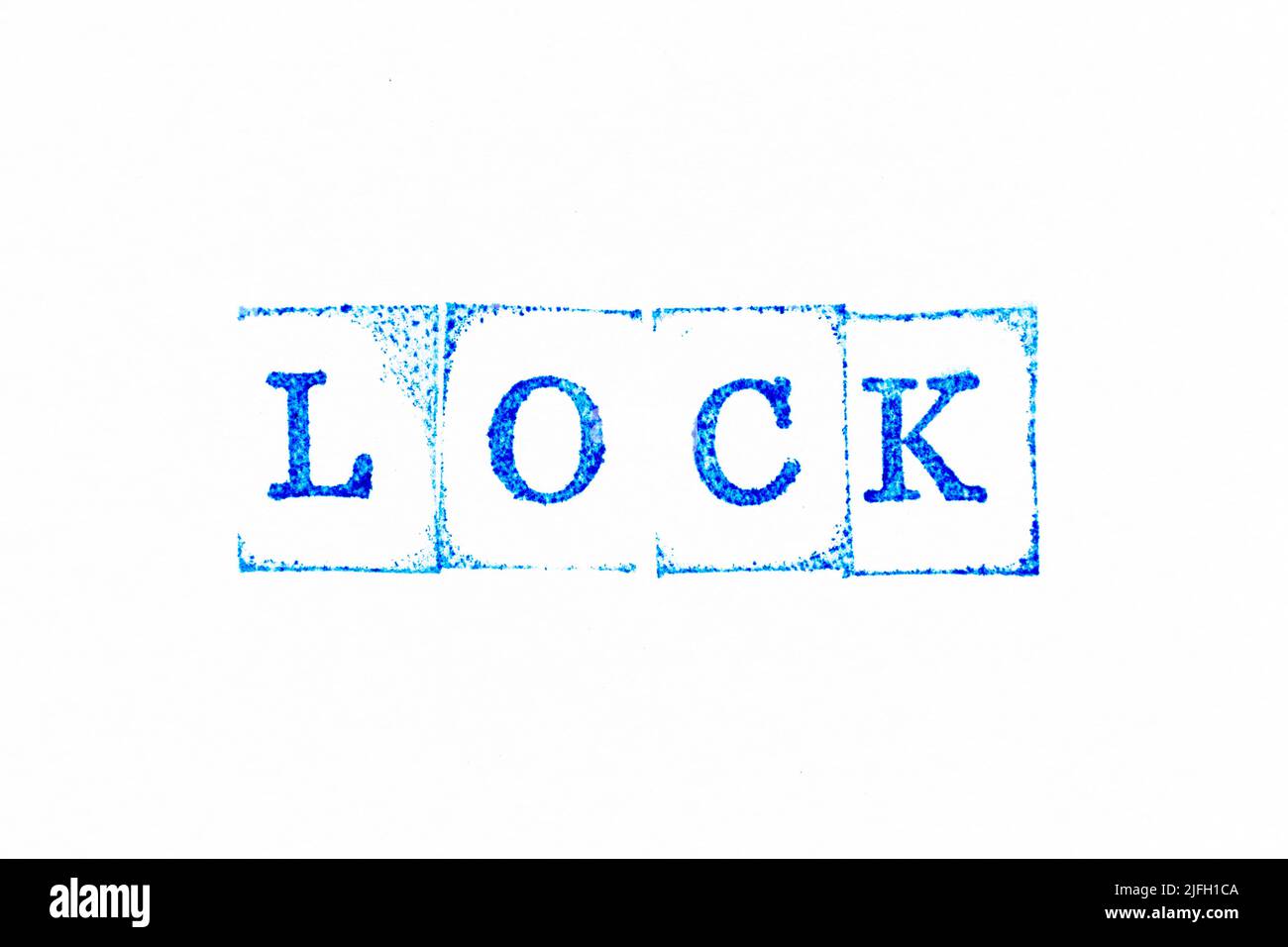 Blue color ink rubber stamp in word lock on white paper background ...