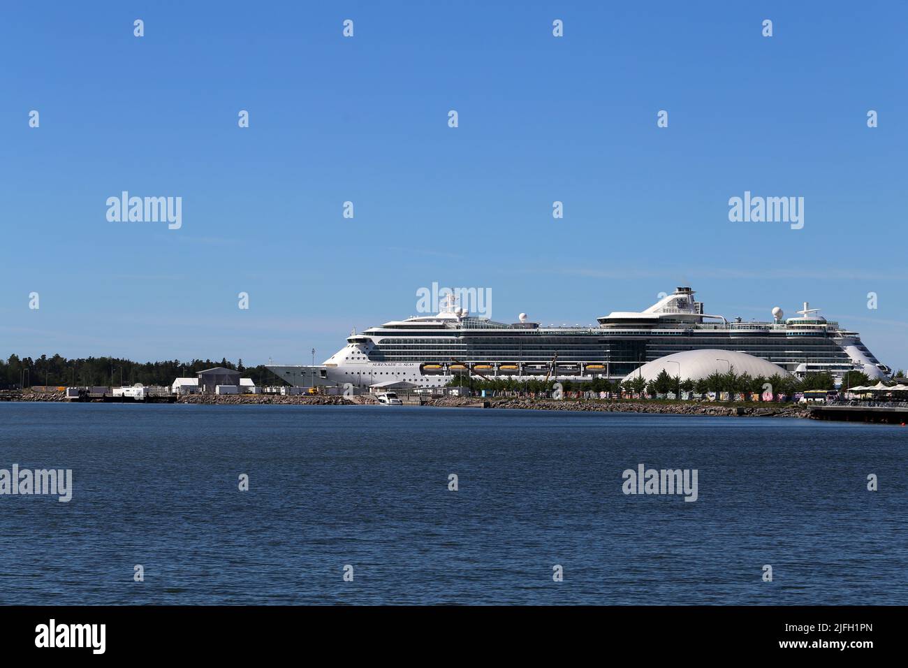 Waterfront of Helsinki, Finland, June 2019. A big ship for water ...