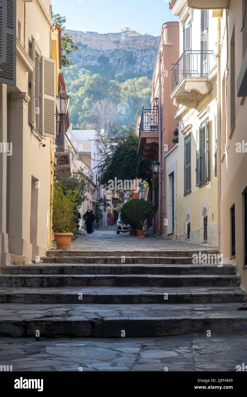 Greece. Plaka neighborhood with traditional old houses and cobblestone ...