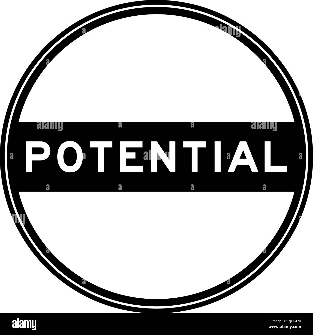 Black color round seal sticker in word potential on white background ...
