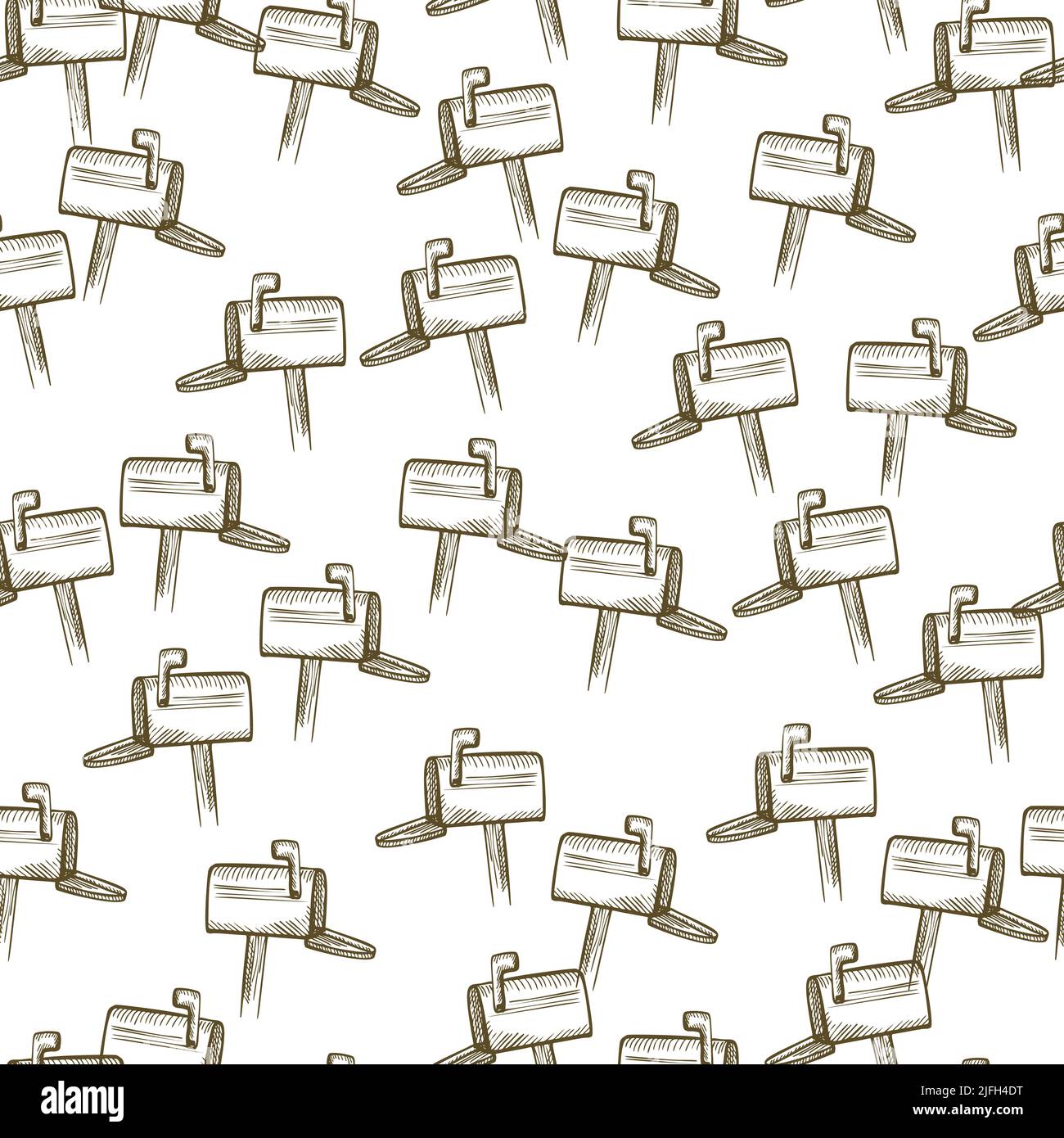 Mailbox engraved seamless pattern. Vintage letterbox in hand drawn ...