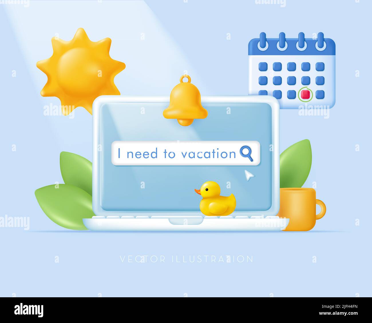 Need Vacation. Laptop, calendar, sun icon. 3d vector illustration in ...