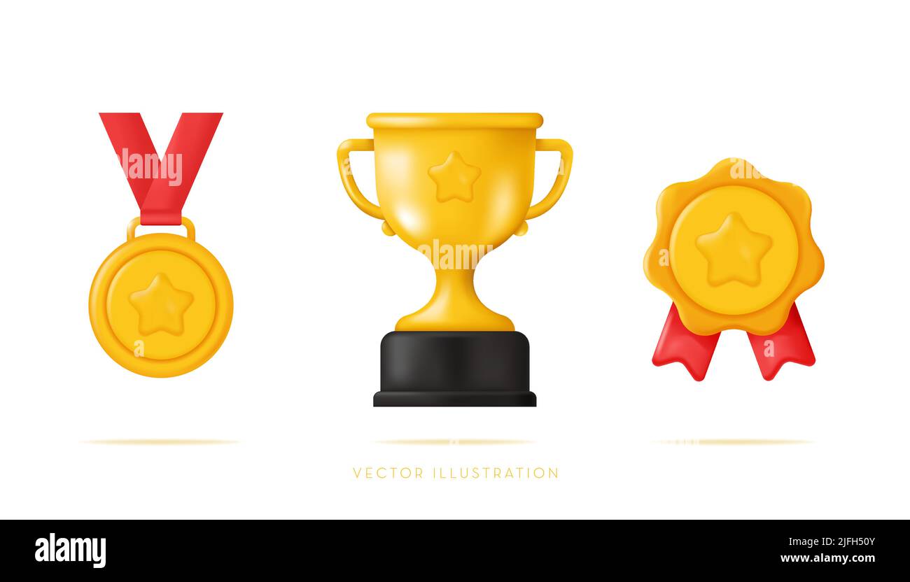 Collection of gold Champions prizes, trophies, awards. Medal, cup and ...