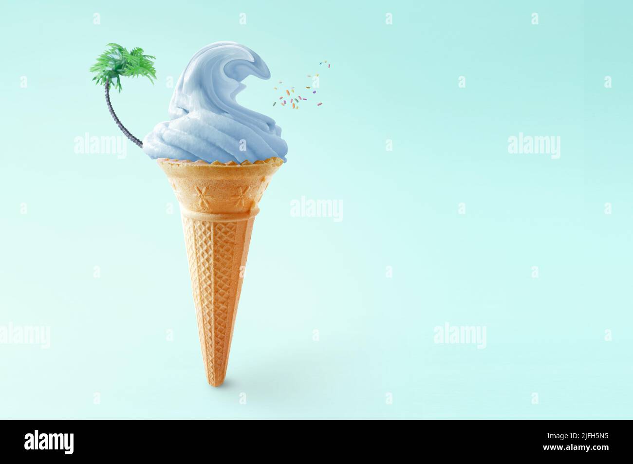 Strawberry ice cream wave with surfboard, beach sign and palm tree ...