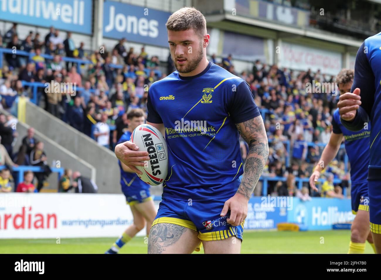 Connor Wrench #23 of Warrington Wolves during the pre match warm up ...
