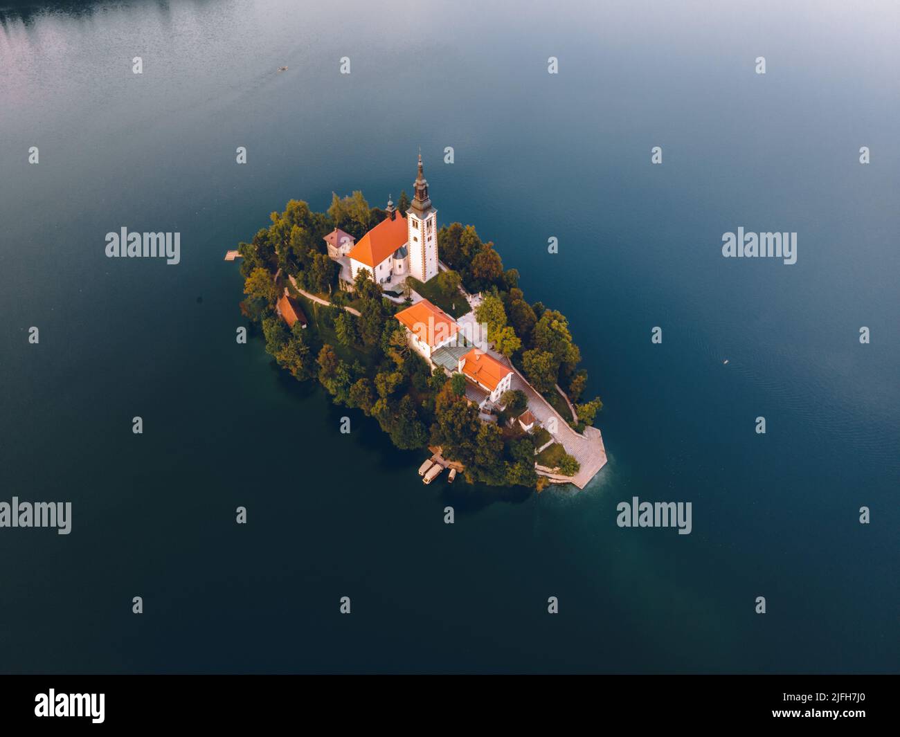 An aerial shot of a castle in Lake Bled in Slovenia Stock Photo - Alamy