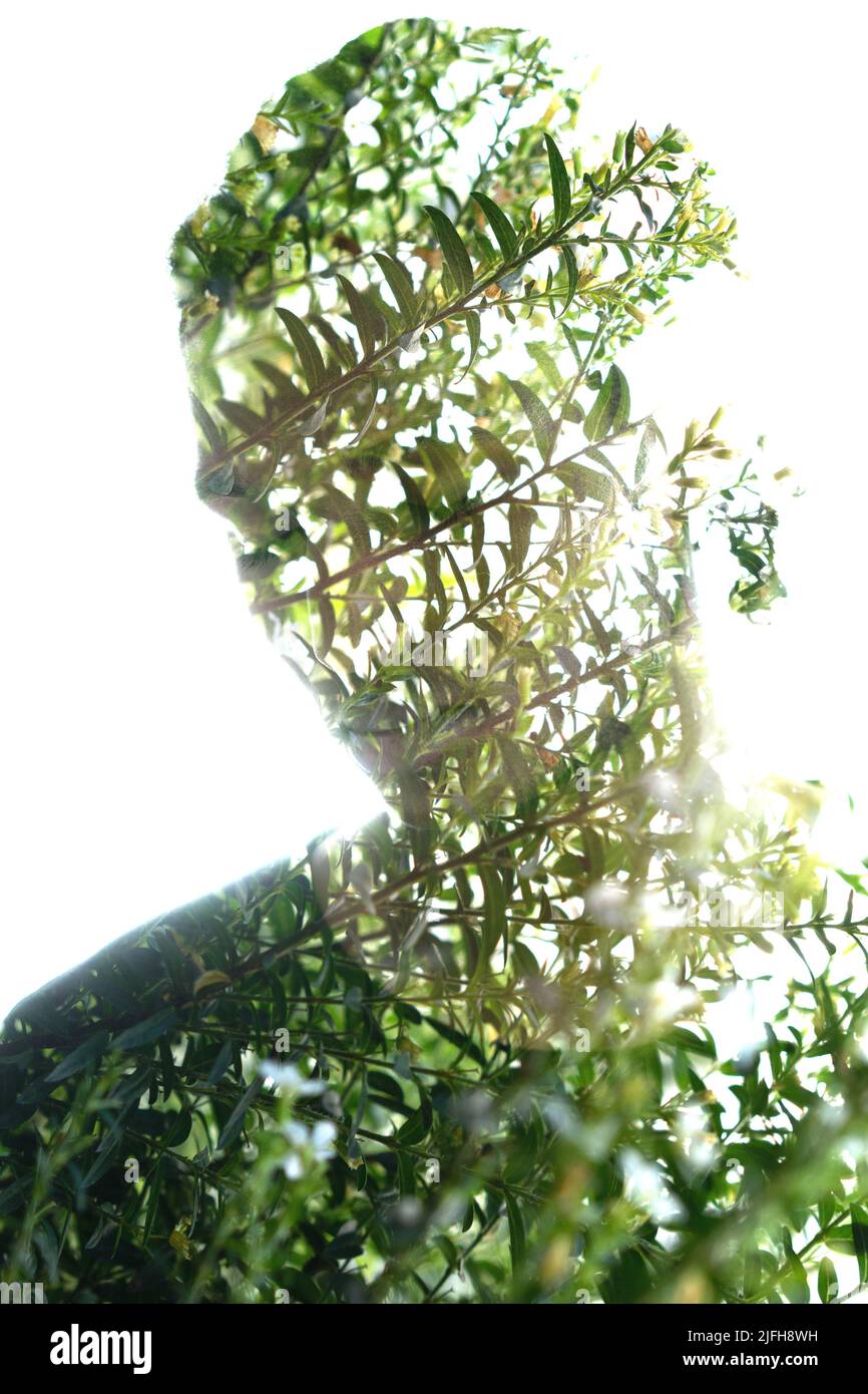 Creative double exposure portrait on a white background Stock Photo - Alamy