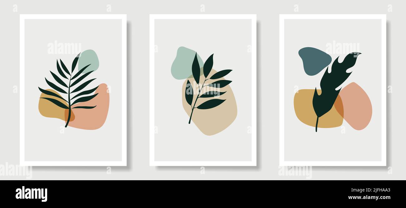 Wall decoration vector set. art image of abstract shapes and plant ...