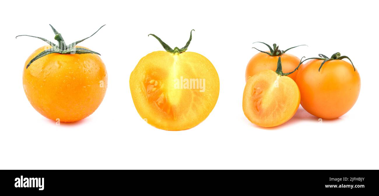 Cherry tomatoes isolated on white background. Yellow pear, isis candy ...