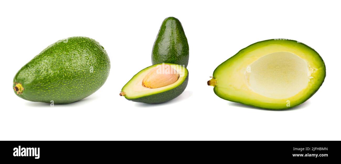 Isolated avocado. Whole avocado fruit and two halves in a row isolated ...