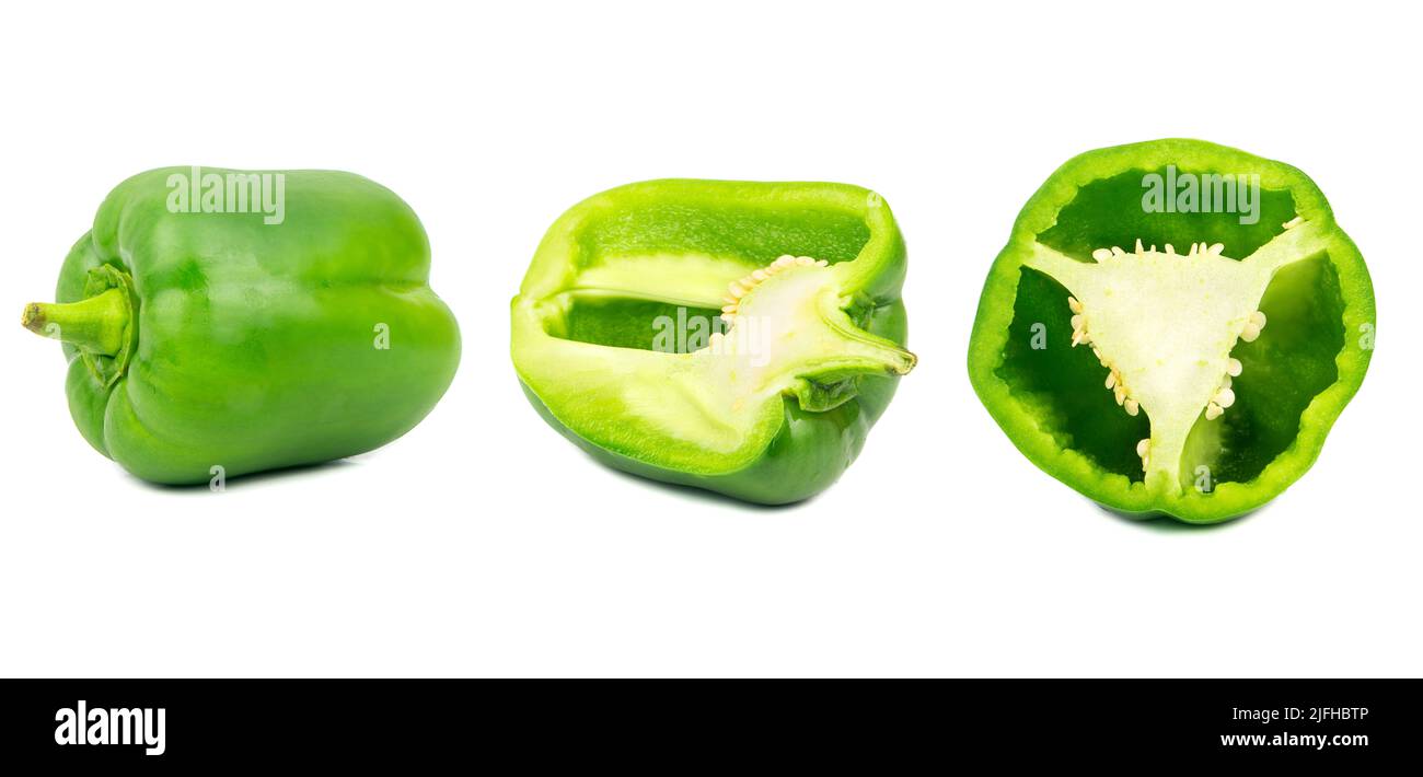 Set of fresh whole and sliced sweet green pepper isolated on white ...