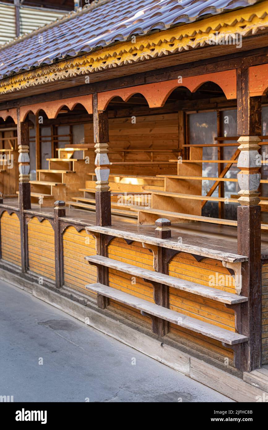 empty wooden stall with a canopy in an empty market. High quality photo ...