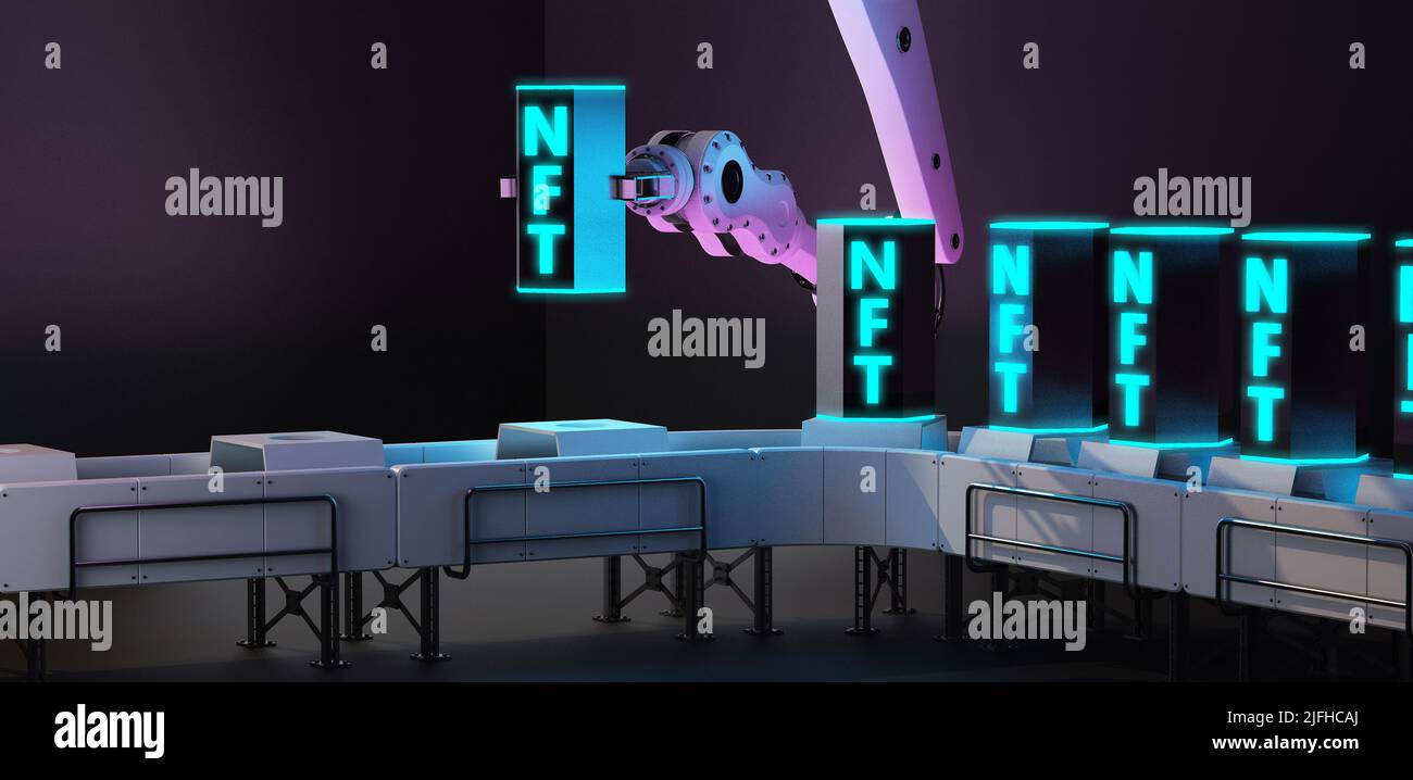 nft conveyor with robot arm. 3d rendering Stock Photo - Alamy