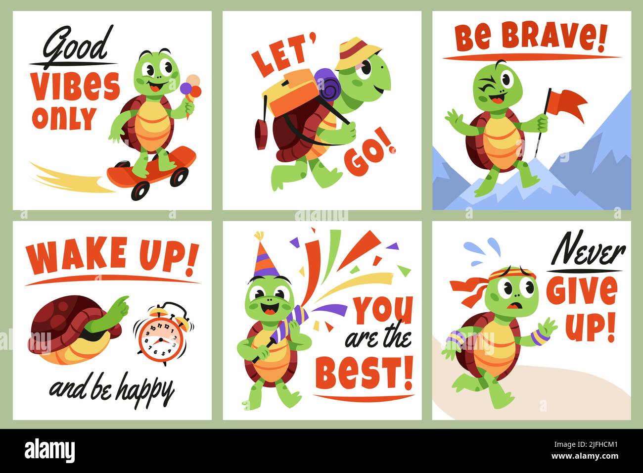 Cartoon turtle cards. Cute little animal mascots, different actions and ...