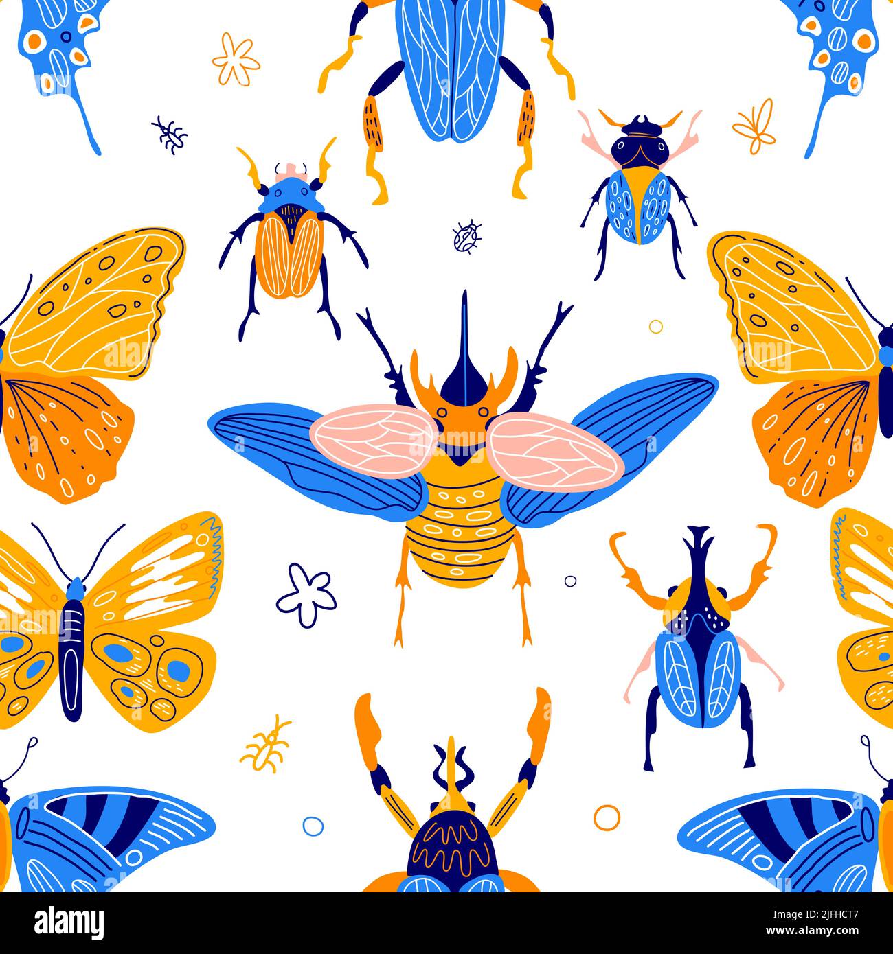 Cute insects pattern. Funny bugs and colorful butterfly isolated on ...